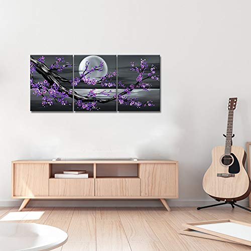 LoveHouse 3 Piece Purple Flower Tree Wall Art for Bedroom Cherry Blossom Tree in Full Moon Night Landscape Canvas Prints Artwork for Home Wall Decoration Ready to Hang 12x16inchx3pcs (Cherry Blossom)