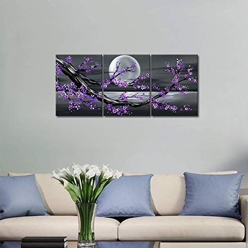 LoveHouse 3 Piece Purple Flower Tree Wall Art for Bedroom Cherry Blossom Tree in Full Moon Night Landscape Canvas Prints Artwork for Home Wall Decoration Ready to Hang 12x16inchx3pcs (Cherry Blossom)