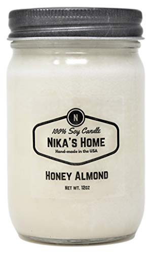 Nika's Home Honey Almond Soy Candle 12oz Mason Jar Non-Toxic White Soy Handmade, Long Burning 50-60 Hours Highly Scented All Natural, Clean Burning Large Candle Gift Décor