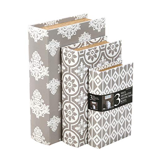 HOSLEY Storage Memory Book Box Set /3, Gray White Farmhouse Large 12", Med 10" Small 8" High. Ideal Gift for Wedding Memories Jewelry Trinket Hobby Keepsake