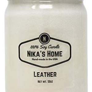 Nika's Home Leather Soy Candle 12oz Mason Jar Non-Toxic White Candle Valentines Day Gifts for Him Handmade, Long Burning 50-60 Hrs Highly Scented All Natural Clean Burning Large Candles for Men