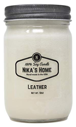 Nika's Home Leather Soy Candle 12oz Mason Jar Non-Toxic White Candle Valentines Day Gifts for Him Handmade, Long Burning 50-60 Hrs Highly Scented All Natural Clean Burning Large Candles for Men