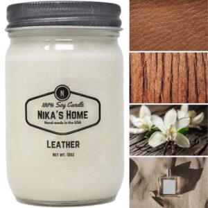 Nika's Home Leather Soy Candle 12oz Mason Jar Non-Toxic White Candle Valentines Day Gifts for Him Handmade, Long Burning 50-60 Hrs Highly Scented All Natural Clean Burning Large Candles for Men