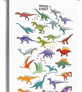 CHDITB Dinosaur Art Print Magnetic Natural Wood Hanger Frame Poster,Canvas Animal Dinosaur Alphabet Painting 28X45cm Wall Hanging Art Print for Kids Room Classroom Nursery Decor