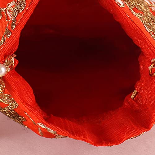 Indian Ethnic Designer Embroidery Silk Potli bag Batwa Pearls Handle Ladies Handbag Purse for Bridal Party Clutch for Women wedding and Gifting (Orange)