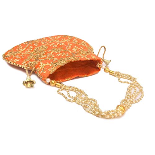 Indian Ethnic Designer Embroidery Silk Potli bag Batwa Pearls Handle Ladies Handbag Purse for Bridal Party Clutch for Women wedding and Gifting (Orange)