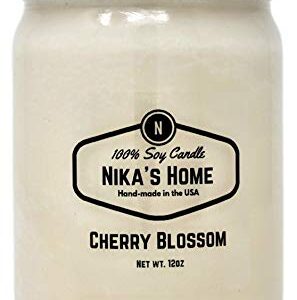 Nika's Home Cherry Blossom Soy Candle 12oz Mason Jar Non-Toxic White Soy Handmade, Long Burning 50-60 Hours Highly Scented All Natural, Clean Burning Large Candle Gift Décor