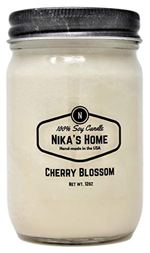 Nika's Home Cherry Blossom Soy Candle 12oz Mason Jar Non-Toxic White Soy Handmade, Long Burning 50-60 Hours Highly Scented All Natural, Clean Burning Large Candle Gift Décor