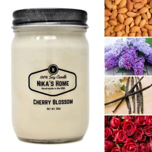 Nika's Home Cherry Blossom Soy Candle 12oz Mason Jar Non-Toxic White Soy Handmade, Long Burning 50-60 Hours Highly Scented All Natural, Clean Burning Large Candle Gift Décor