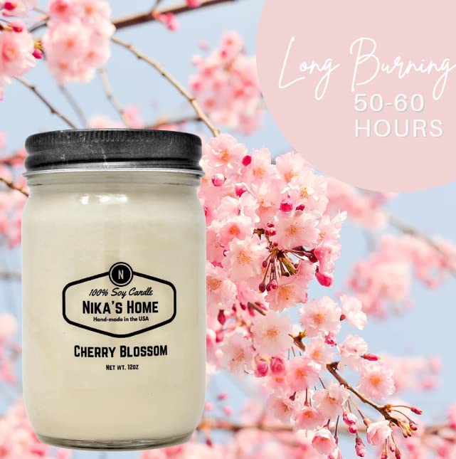 Nika's Home Cherry Blossom Soy Candle 12oz Mason Jar Non-Toxic White Soy Handmade, Long Burning 50-60 Hours Highly Scented All Natural, Clean Burning Large Candle Gift Décor