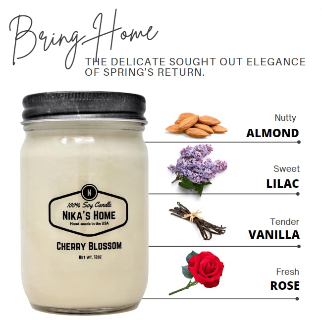 Nika's Home Cherry Blossom Soy Candle 12oz Mason Jar Non-Toxic White Soy Handmade, Long Burning 50-60 Hours Highly Scented All Natural, Clean Burning Large Candle Gift Décor