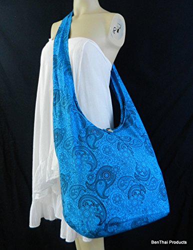 BTP! Thai Cotton Hippie Hobo Sling Crossbody Bag eco Friendly Shopping bag Paisley Print Large (SkyBlue PL42)