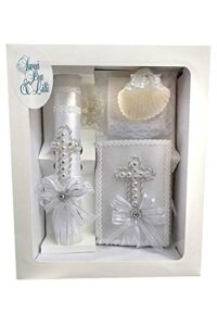 swea pea & lilli white pearl cross baptism candle set kit for christenings with shell and favors