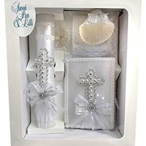 SWEA Pea & Lilli White Pearl Cross Baptism Candle Set Kit for Christenings with Shell and Favors