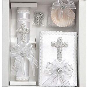 SWEA Pea & Lilli White Pearl Cross Baptism Candle Set Kit for Christenings with Shell and Favors