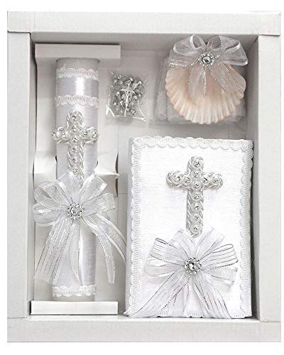 SWEA Pea & Lilli White Pearl Cross Baptism Candle Set Kit for Christenings with Shell and Favors