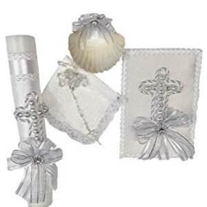 SWEA Pea & Lilli White Pearl Cross Baptism Candle Set Kit for Christenings with Shell and Favors