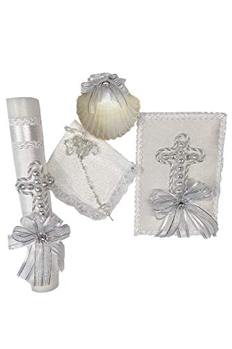 SWEA Pea & Lilli White Pearl Cross Baptism Candle Set Kit for Christenings with Shell and Favors