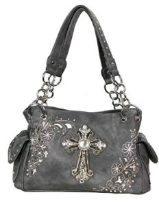 zzfab rhinestone cross embroidered floral western handbag grey