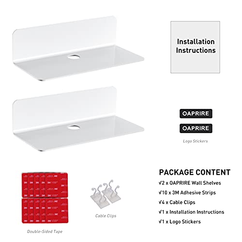 OAPRIRE White Floating Shelves Wall Mounted Set of 2 - Easily Expand Wall Space - Acrylic Hanging Shelves for Bedroom, Gaming Room, Living Room, Bathroom, Office with Cable Clips