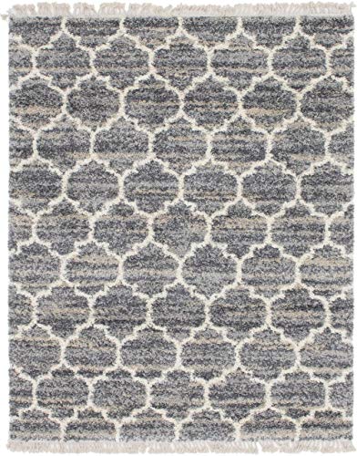 Unique Loom Hygge Shag Collection Modern Moroccan Inspired, Geometric Design, Plush & Cozy Area Rug, 8' 0" x 10' 0", Gray/Ivory