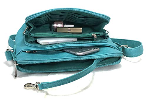 Zzfab Small Multi-pocket Faux Soft Leather Cross Body Purse with Side Organizer Turquoise