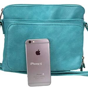 Zzfab Small Multi-pocket Faux Soft Leather Cross Body Purse with Side Organizer Turquoise