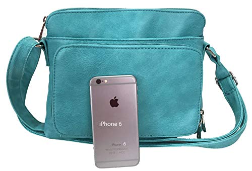 Zzfab Small Multi-pocket Faux Soft Leather Cross Body Purse with Side Organizer Turquoise