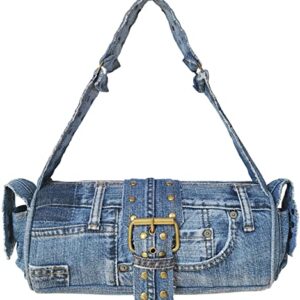 Bijoux De Ja Upcycling Blue Denim Jeans Punk Brass Rivet Studded Buckle Belt Decorative Barrel Shoulder Handle Handbag Purse