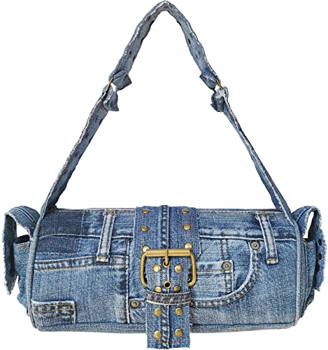 Bijoux De Ja Upcycling Blue Denim Jeans Punk Brass Rivet Studded Buckle Belt Decorative Barrel Shoulder Handle Handbag Purse