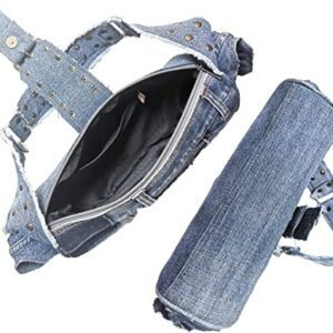 Bijoux De Ja Upcycling Blue Denim Jeans Punk Brass Rivet Studded Buckle Belt Decorative Barrel Shoulder Handle Handbag Purse