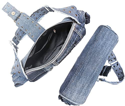 Bijoux De Ja Upcycling Blue Denim Jeans Punk Brass Rivet Studded Buckle Belt Decorative Barrel Shoulder Handle Handbag Purse