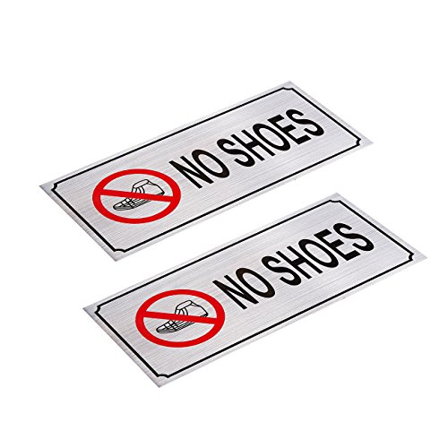 Juvale 2-Pack No Shoes Signs - Remove Shoes Wall Plates, Self-Adhesive Aluminum Sign for Wall or Door, Silver - 7.87 x 3.6 Inches