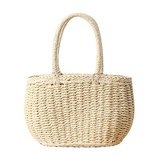 Women Summer Beach Straw Tote Bag Handmade Weave Handbag with Top Handle Removable Strap (Beige)