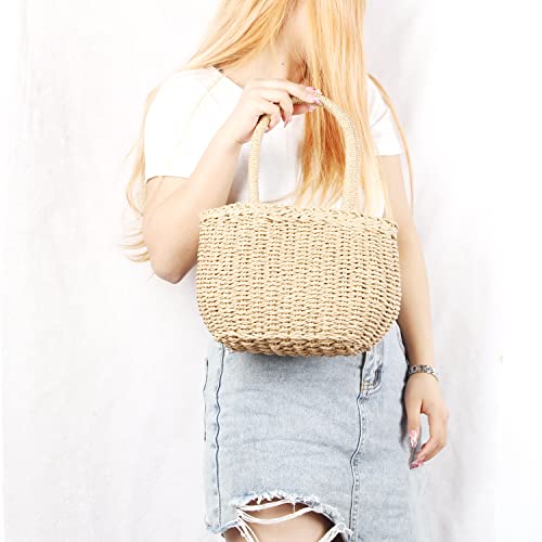 Women Summer Beach Straw Tote Bag Handmade Weave Handbag with Top Handle Removable Strap (Beige)