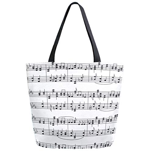 ZzWwR Chic Music Stave Notes Extra Large Canvas Shoulder Tote Top Handle Bag for Gym Beach Travel Shopping,Black White