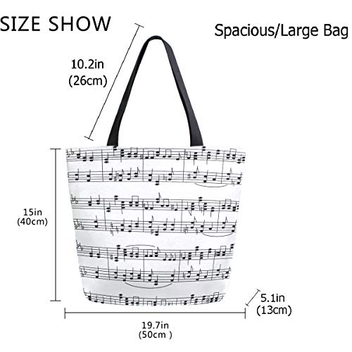 ZzWwR Chic Music Stave Notes Extra Large Canvas Shoulder Tote Top Handle Bag for Gym Beach Travel Shopping,Black White