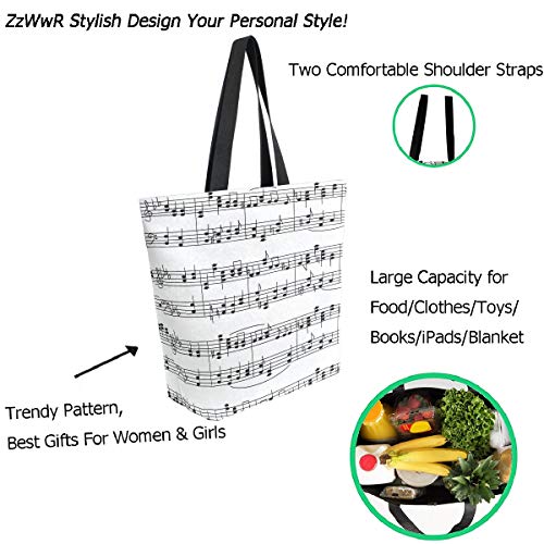 ZzWwR Chic Music Stave Notes Extra Large Canvas Shoulder Tote Top Handle Bag for Gym Beach Travel Shopping,Black White