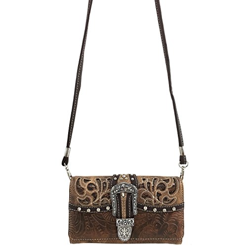 Justin West Tooled Floral Embroidery Buckle Studded Concealed Carry Tote Purse (Coffee Purse Wallet Set)