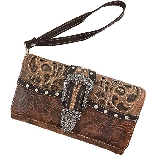 Justin West Tooled Floral Embroidery Buckle Studded Concealed Carry Tote Purse (Coffee Purse Wallet Set)