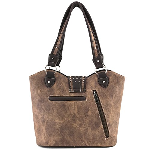 Justin West Tooled Floral Embroidery Buckle Studded Concealed Carry Tote Purse (Coffee Purse Wallet Set)