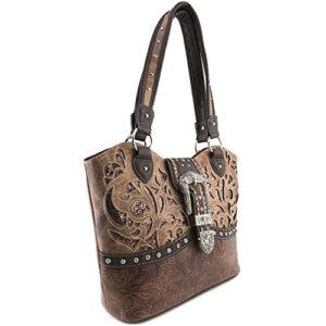 Justin West Tooled Floral Embroidery Buckle Studded Concealed Carry Tote Purse (Coffee Purse Wallet Set)