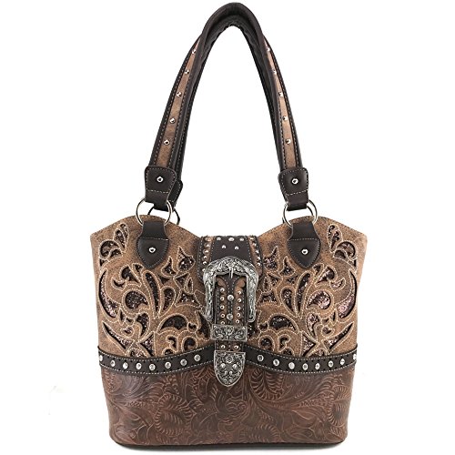 Justin West Tooled Floral Embroidery Buckle Studded Concealed Carry Tote Purse (Coffee Purse Wallet Set)