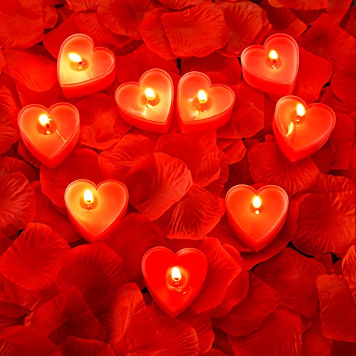 200 Pieces Artificial Rose Petal 9 Pieces Heart Shape Candles Romantic Love Candle Tealight Candle Girl Scatter Petal for Wedding Valentine's Day Dinner Cake Decor Party Favor