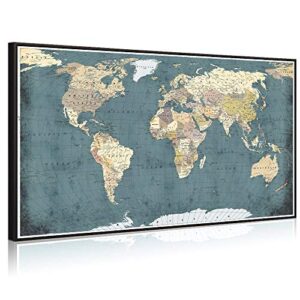 welmeco large office wall decoration retro detailed world map canvas prints with premium black frame vintage push pins travel map of the world picture artwork for modern home office living room decor