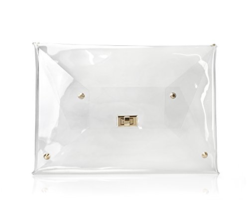 HOXIS Large Size PVC Clear Envelope Clutch Gold Chain Crossbody Bag Women's Purse (Clear)