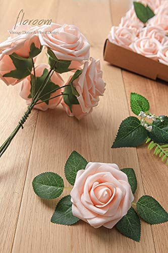 floroom Artificial Flowers 25pcs Real Looking Blush Foam Fake Roses with Stems for DIY Wedding Bouquets Bridal Shower Centerpieces Party Decorations