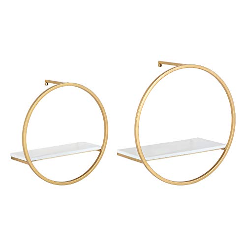 Kate and Laurel Wicks Modern Glam Floating Wall Shelf Set of 2 | Round Gold Metal Frame with White Painted Solid Wood Shelf Boards