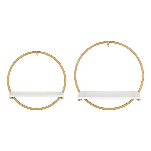 Kate and Laurel Wicks Modern Glam Floating Wall Shelf Set of 2 | Round Gold Metal Frame with White Painted Solid Wood Shelf Boards