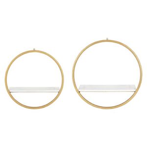 Kate and Laurel Wicks Modern Glam Floating Wall Shelf Set of 2 | Round Gold Metal Frame with White Painted Solid Wood Shelf Boards